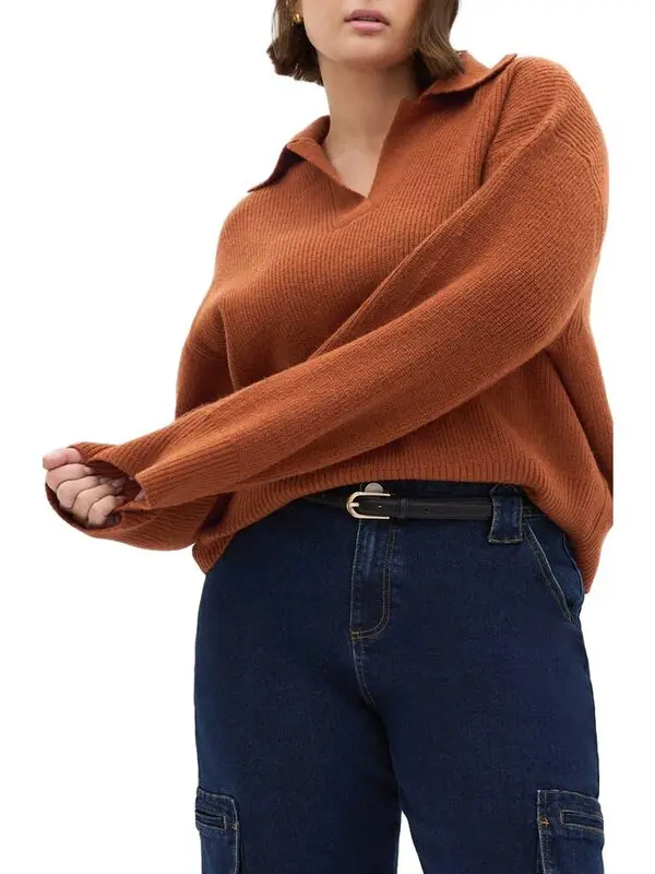 City Chic Ribbed Spread Collar Sweater - Toffee