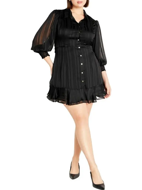City Chic Journi Stripe Long Sleeve Shirtdress - Black