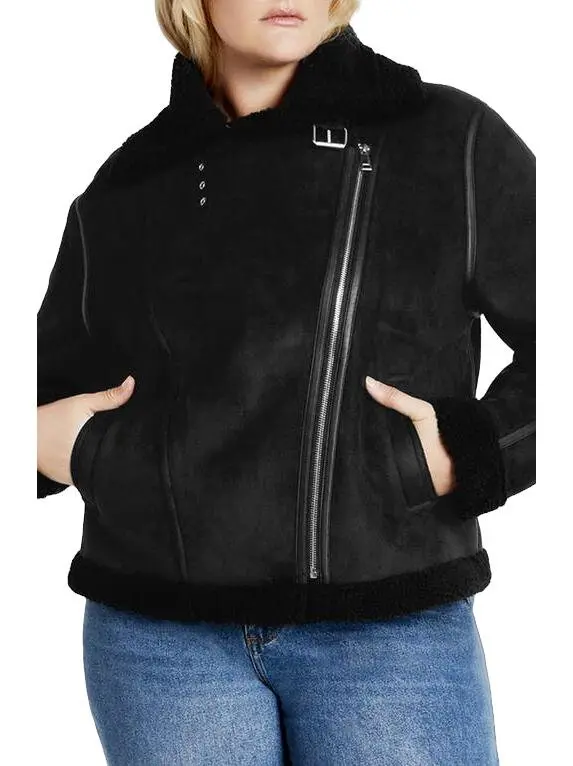 City Chic Faux Shearling Moto Jacket - Black