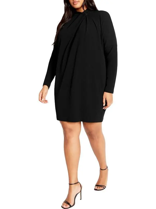 City Chic Swirl Long Sleeve Mini Dress - Black