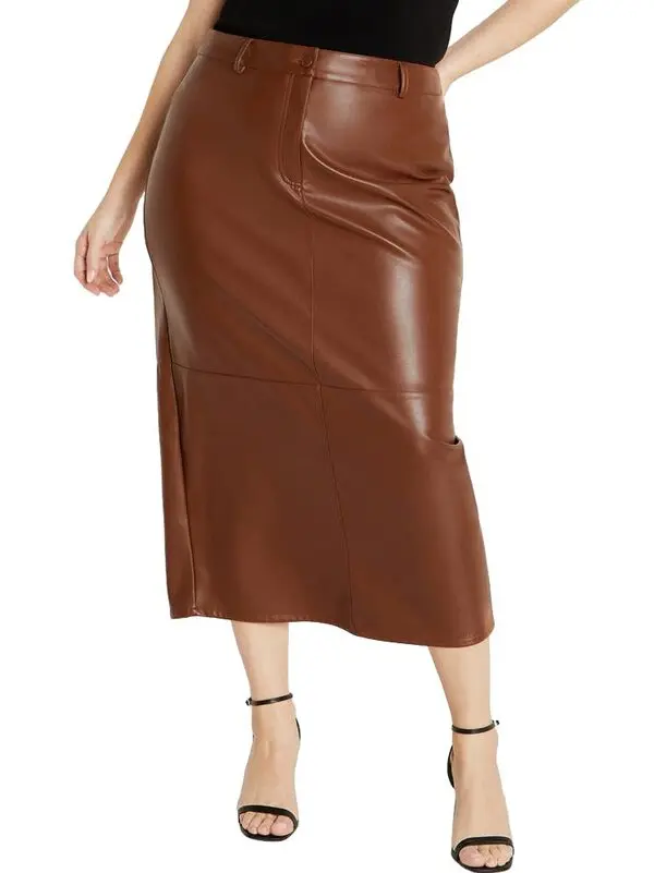 City Chic Aylani Faux Leather Pencil Midi Skirt - Neutral