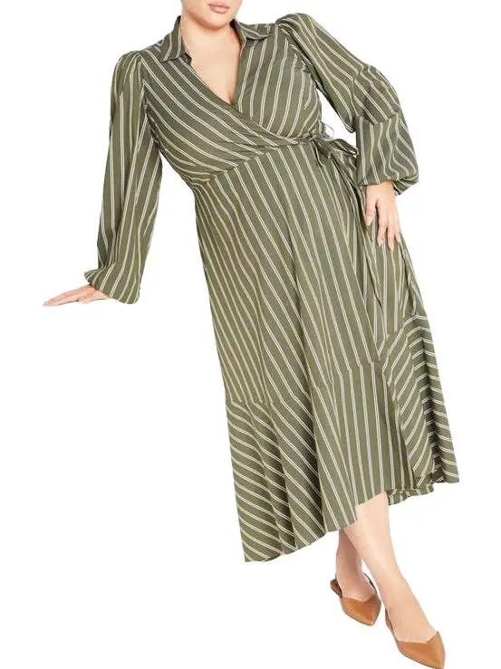 City Chic Brynn Stripe Long Sleeve Dress - Olive