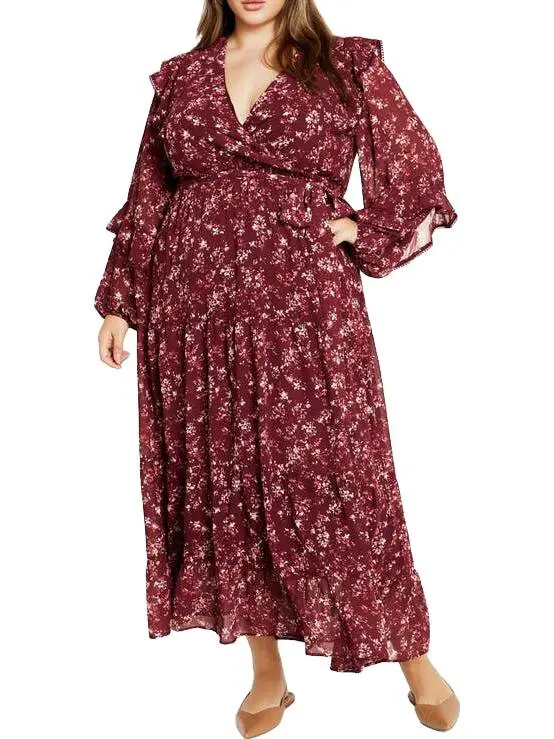 City Chic Arielle Ruffle Long Sleeve Maxi Dress - Red Floral