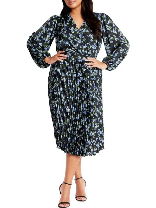 City Chic Floral Satin Midi Dress - Blue Print