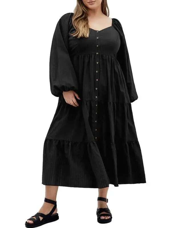 City Chic Tiana Long Sleeve Tiered Midi Dress - Black
