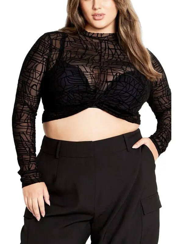City Chic Evie Long Sleeve Mesh Crop Top - Black
