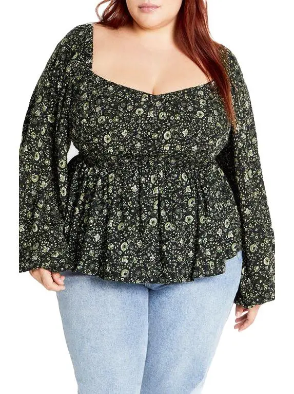 City Chic Monroe Smocked Top - Olive Ditsy
