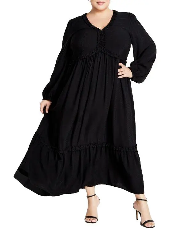 City Chic Ruffle Long Sleeve Maxi Dress - Black