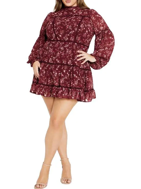 City Chic Lennox Long Sleeve Dress - Red Floral