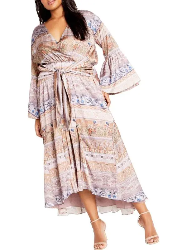 City Chic Marilyn Long Sleeve Faux Wrap Maxi Dress - Print