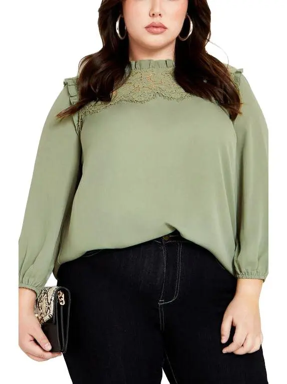 City Chic Lace Yoke Top - Sage