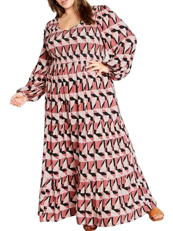 City Chic Adley Printed Maxi Dress With Smocked Bodice - Geo Print