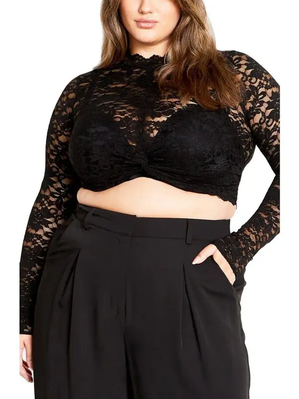City Chic Arlette Sheer Lace Crop Top - Black