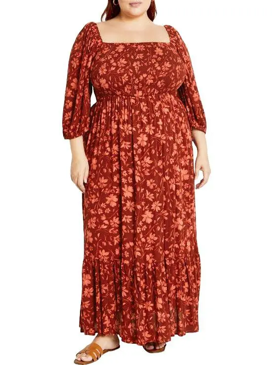 City Chic Mckenzie Long Sleeve Maxi Dress - Orange Floral
