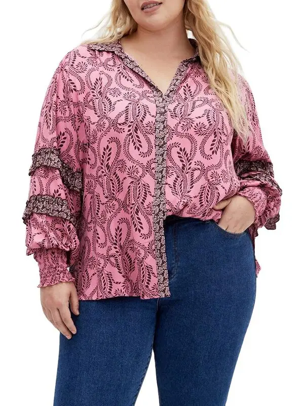 City Chic Lylah Mixed Button-up Shirt - Pink Print