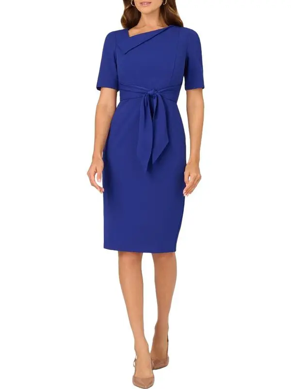 Adrianna Papell Asymmetric Collar Tie Waist Crepe Sheath Dress - Royal Sapphire