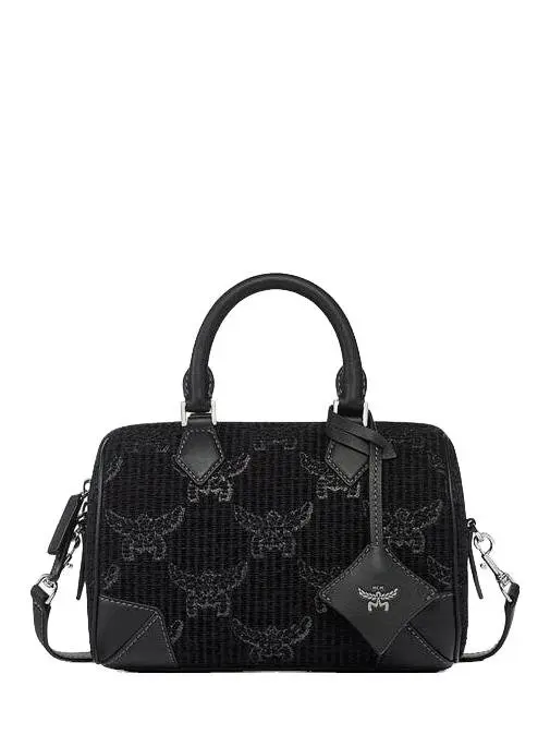 Mcm Small Ella Boston Bag In Lauretos Lurex Jacquard - Black