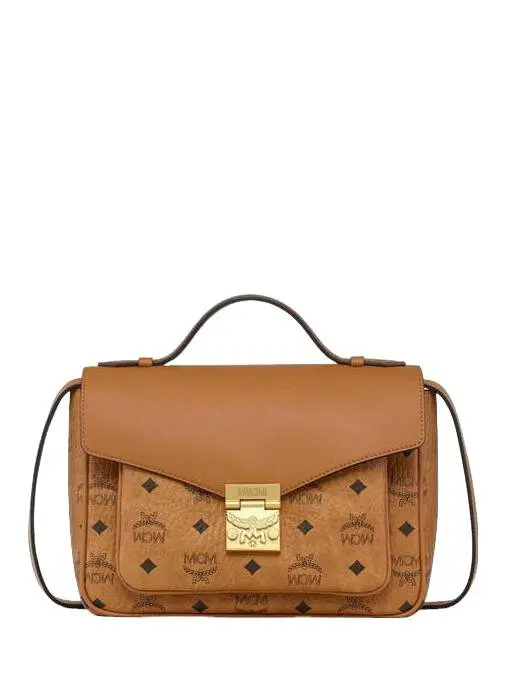 Mcm Tracy Satchel In Visetos Leather Mix - Cognac
