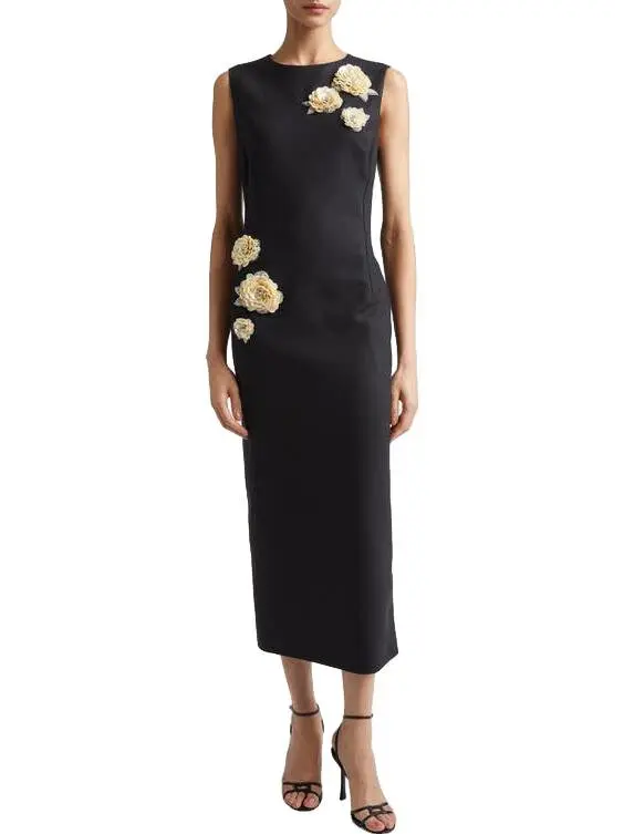Oscar De La Renta Brooch Embroidered Sleeveless Cocktail Dress - Black