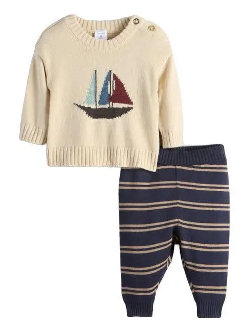 Nordstrom Icon Jacquard Sweater & Joggers Set - Beige Swan Ship- Navy Brown