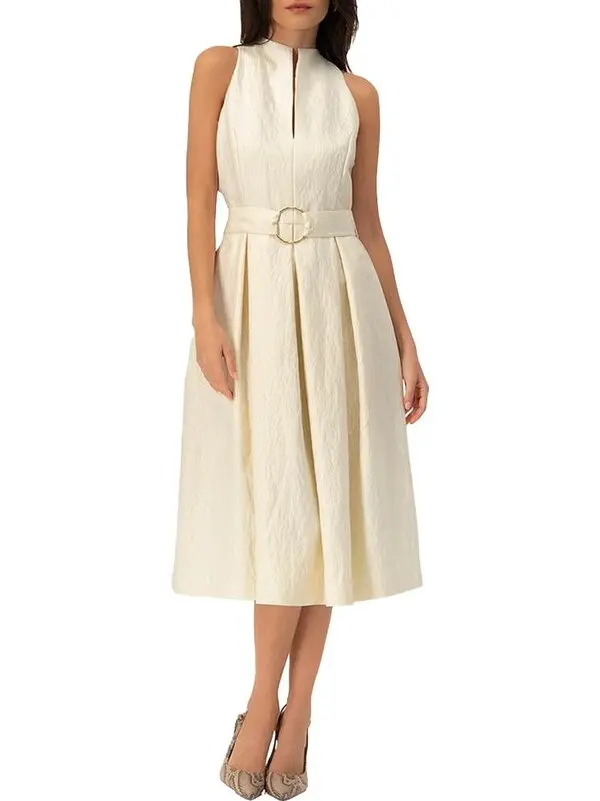 IVONNE Textured Midi Dress With Belted Waist - Natural
