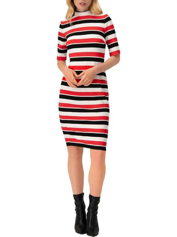 IVONNE Striped Fitted Midi Dress - Black-red