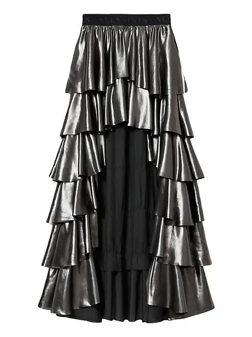 ALLSAINTS Ruffled Woven Maxi Skirt - Metallic Silve
