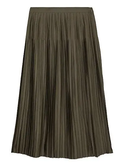 REISS Savannah Pleated Satin Midi Skirt - Khaki Green