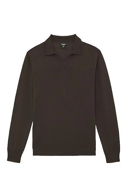 REISS Milburn Open-collar Merino Wool Polo Shirt - Chocolate Brown