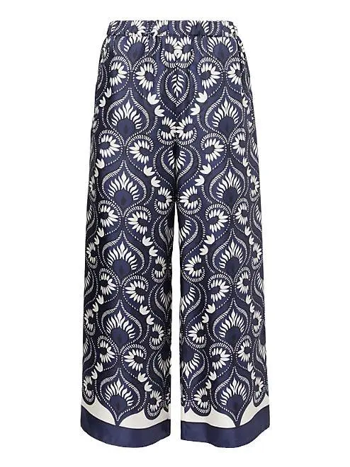 Max Mara Graphic-print Straight-leg Silk Trousers - Navy