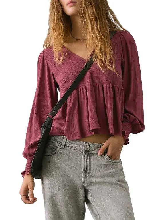 Mango Smocked Babydoll Top - Maroon