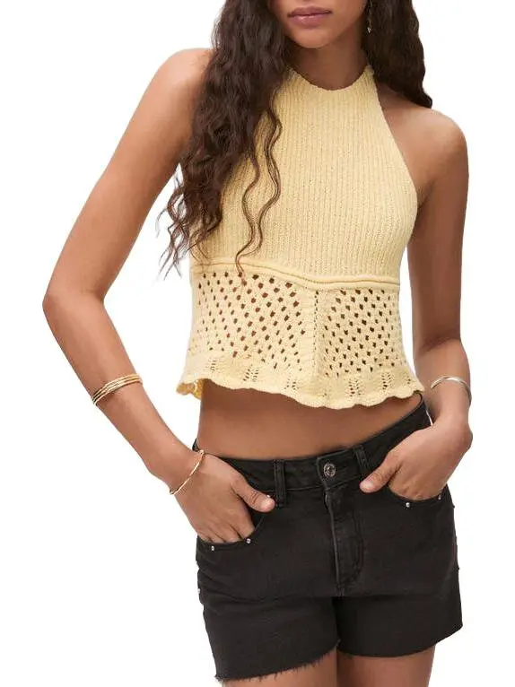 Mango Open Stitch Halter Crop Top - Pastel Yellow