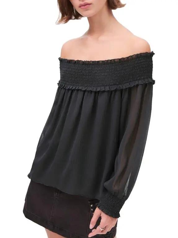 Mango Smocked Strapless Long Sleeve Top - Charcoal