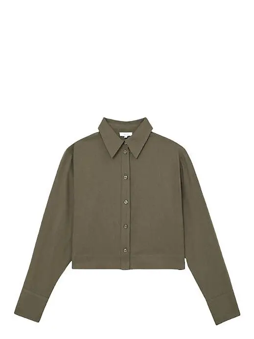 REISS Caylan Cropped Cotton And Wool-blend Shirt - Khaki Green