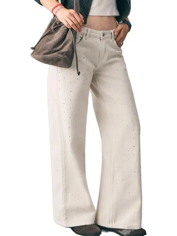 Mango Crystal Embellished Low Rise Wide Leg Jeans - Light/pastel Grey