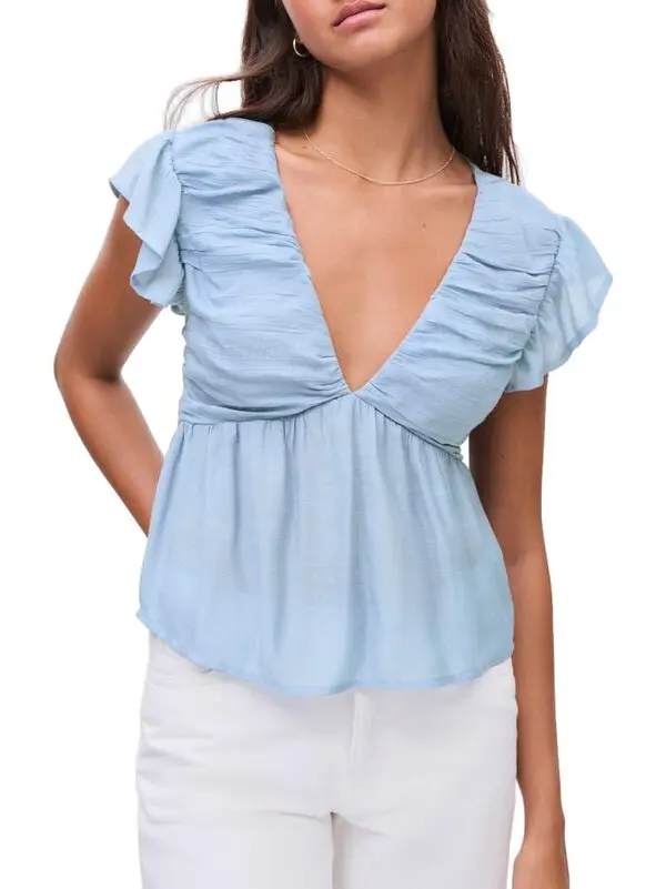 Mango Ruched Ruffle Top - Sky Blue