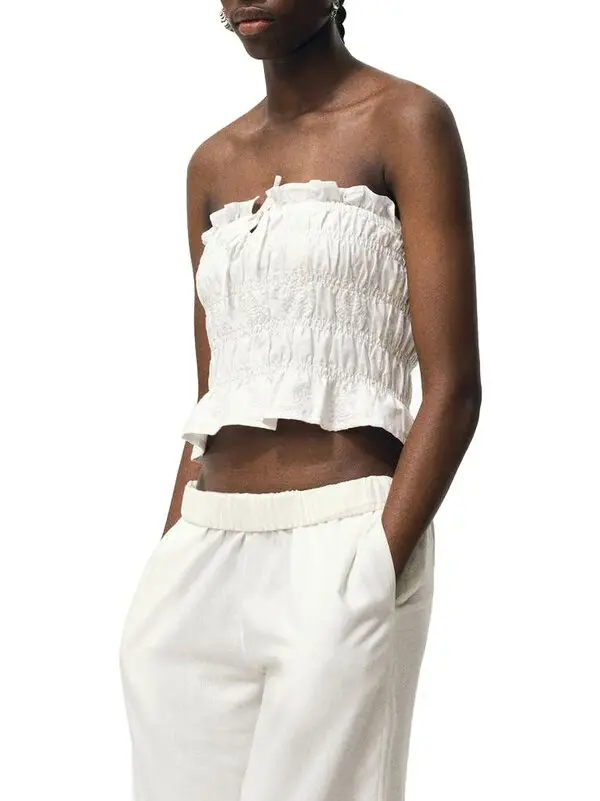 Mango Embroidered Strapless Cotton Top - Off White
