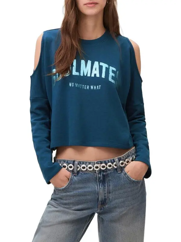 Mango Cold Shoulder Crop Sweatshirt - Petrol Blue