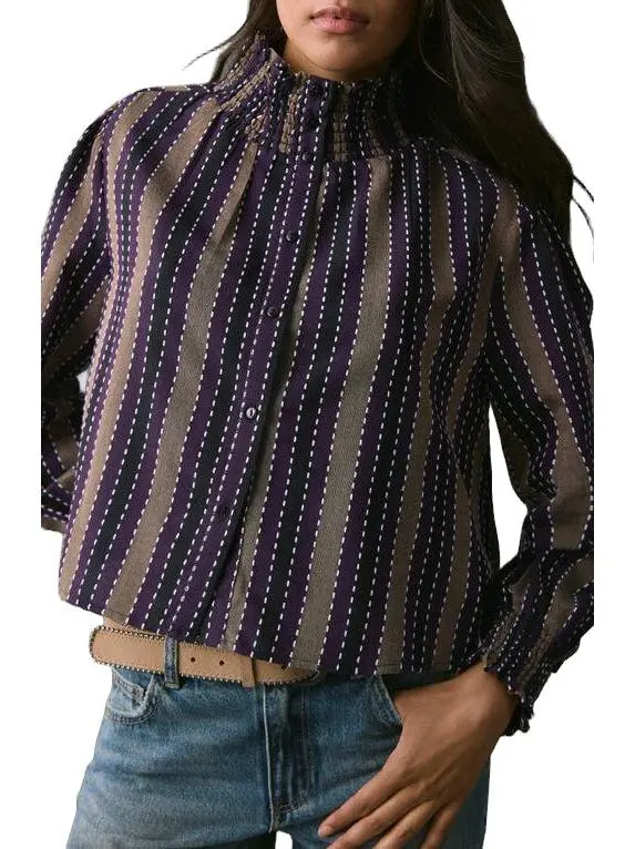 Mango Embroidered Stripe Long Sleeve Button-up Shirt - Purple
