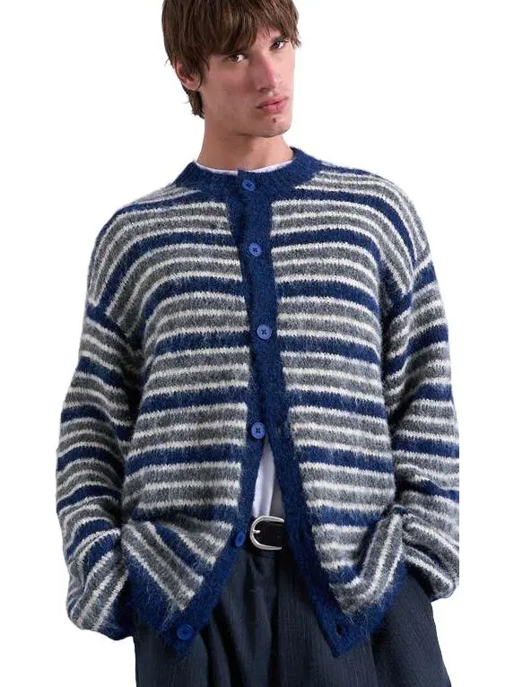 Topman Striped Crewneck Cardigan - Medium Blue