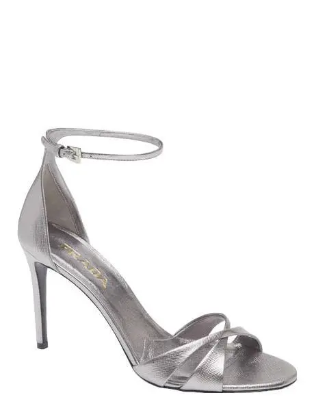 Prada Saffiano Metallic Leather Ankle Strap Sandal - Cromo