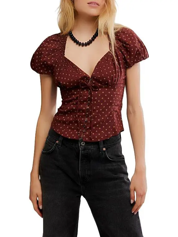 Free People Floral Print Sweetheart Neck Blouse - Chocolate Combo