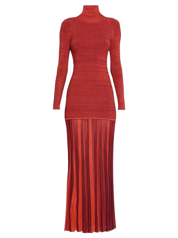 Christopher John Rogers Turtleneck Pleated Maxi Dress - Paprika