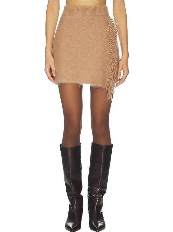 WHITE & WARREN Brushed Cashmere Fringe Mini Skirt - Caramel