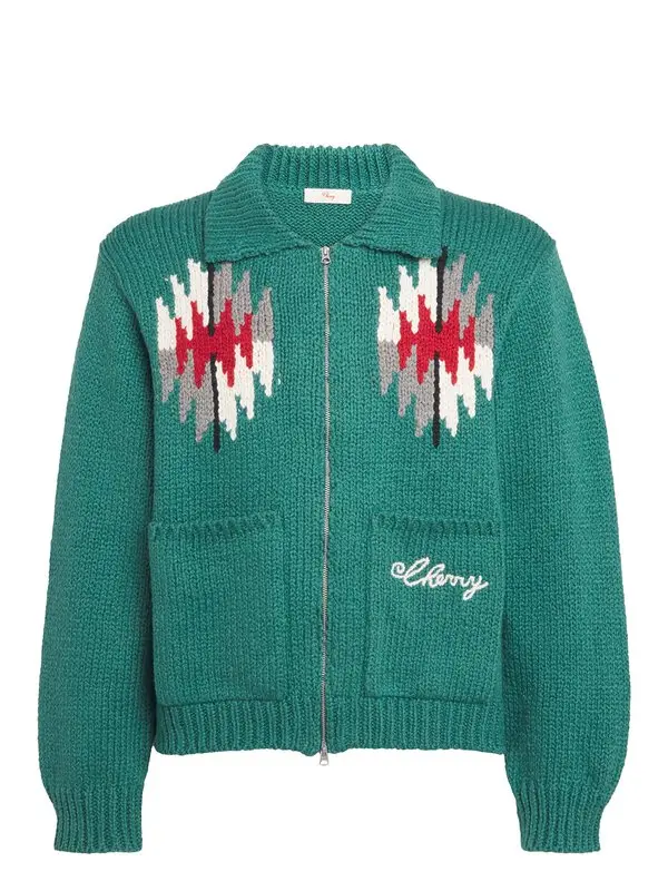 CHERRY LOS ANGELES Cotton Navajo Intarsia Zip-up Cardigan - White