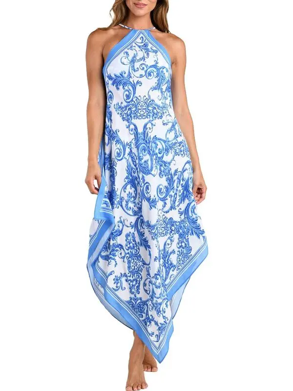 L'Agence Elise Halter Neck Handkerchief Midi Dress - Blue/white