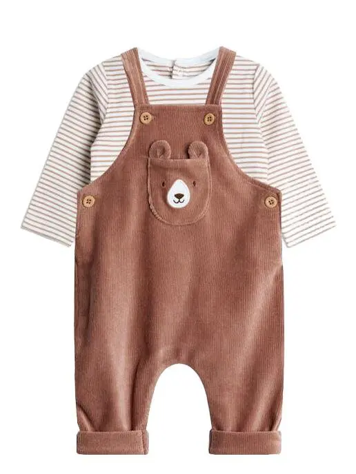 JOJO MAMAN BEBE Stripe Long Sleeve Bodysuit & Bear Appliqué Overalls Set - Brown