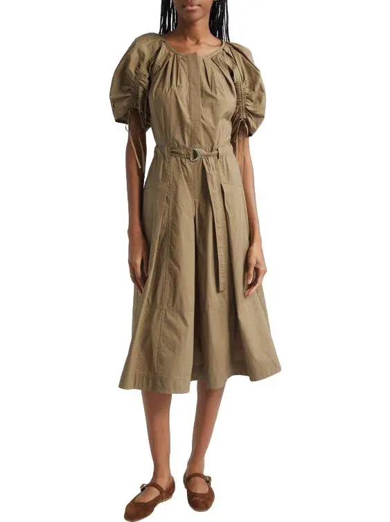 3.1 Phillip Lim Puff Drawstring Sleeve Cotton Midi Dress - Caper