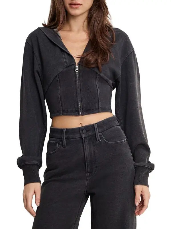 Good American Jeanius Corset Crop French Terry Zip Hoodie - Black430