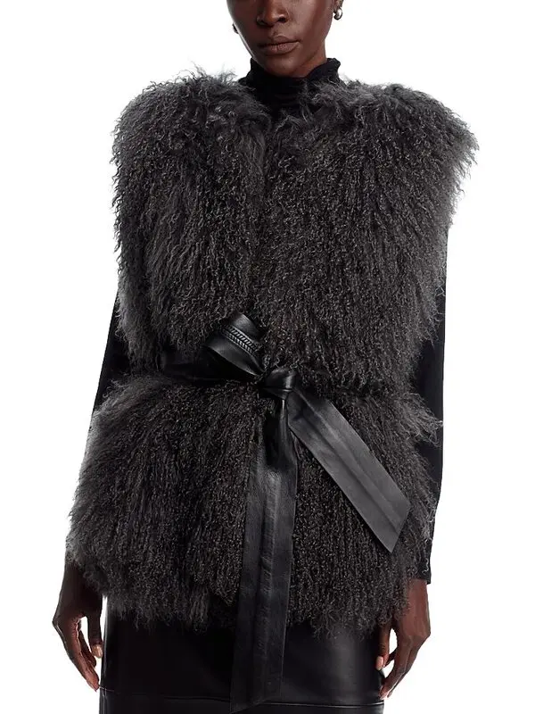 BOSS Santine Belted Mongolian Shearling Vest - Dark Grey